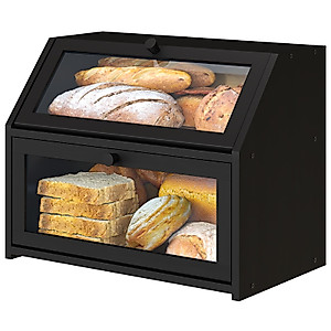 Vriccc Black Bread Box for Kitchen Counter, Bamboo Wood Bread Box, Large Capacity Bread Storage Bin