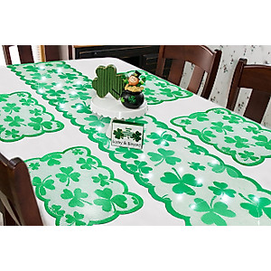 6PCS St Patricks Day Decorations Table Runners Placemats Saint Shamrock Green Lace Embroidered Irish Clover Party Decor Supplies,with 2 Light Strips