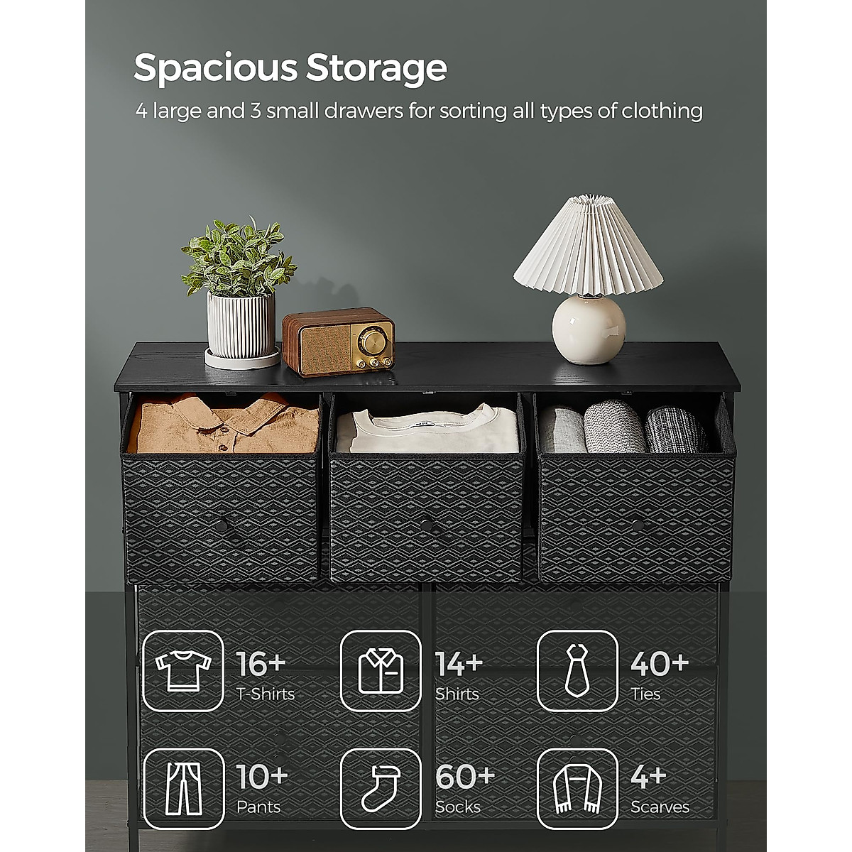 SONGMICS Dresser for Bedroom, Chest of Drawers, Closet Organizer and Storage Cabinet with 7 Fabric Drawers, Metal Frame, Ebony Black and Ink Black ULTS117B01