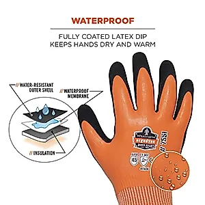 Ergodyne ProFlex 7551 Waterproof Winter Work Gloves, Cut Resistant ANSI A5, Sandy Nitrile Coated Palms, Thermal Fleece Lining Orange