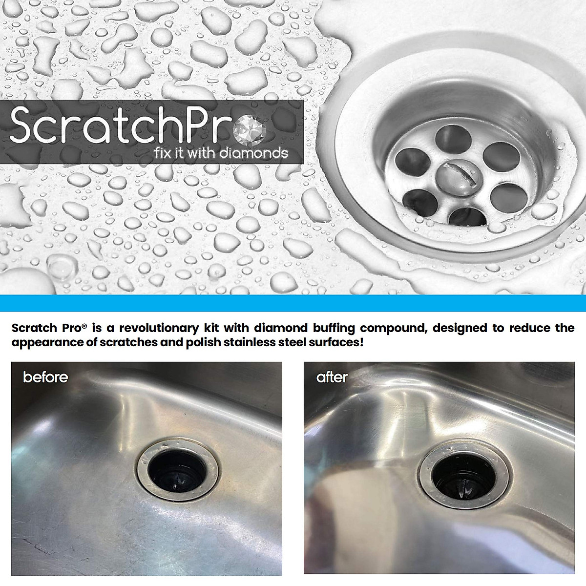 Scratch Pro Kit for Polishing and Repairing Stainless Steel Sinks, with Diamond Buffing Compounds, Reduce The Appearance of Ugly Scratches and Polish Sink for Factory Fresh Look in No Time