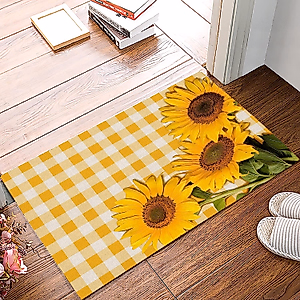 Door Mat for Bedroom Decor, Rustic Sunflower Yellow Buffalo Check Plaid Floor Mats, Holiday Rugs for Living Room, Absorbent Non-Slip Bathroom Rugs Home Decor Kitchen Mat Area Rug 18x30 Inch