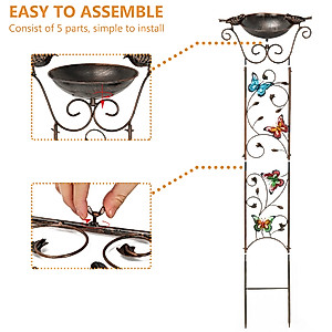 LEWIS&WAYNE Garden Trellis Bird Bath Outdoor, 40 Inch Antique Iron Garden Plant Trellis Decorative with Butterflies and Detachable Drinking Basin Bowl, Free Standing BirdBath Birdfeeder Station