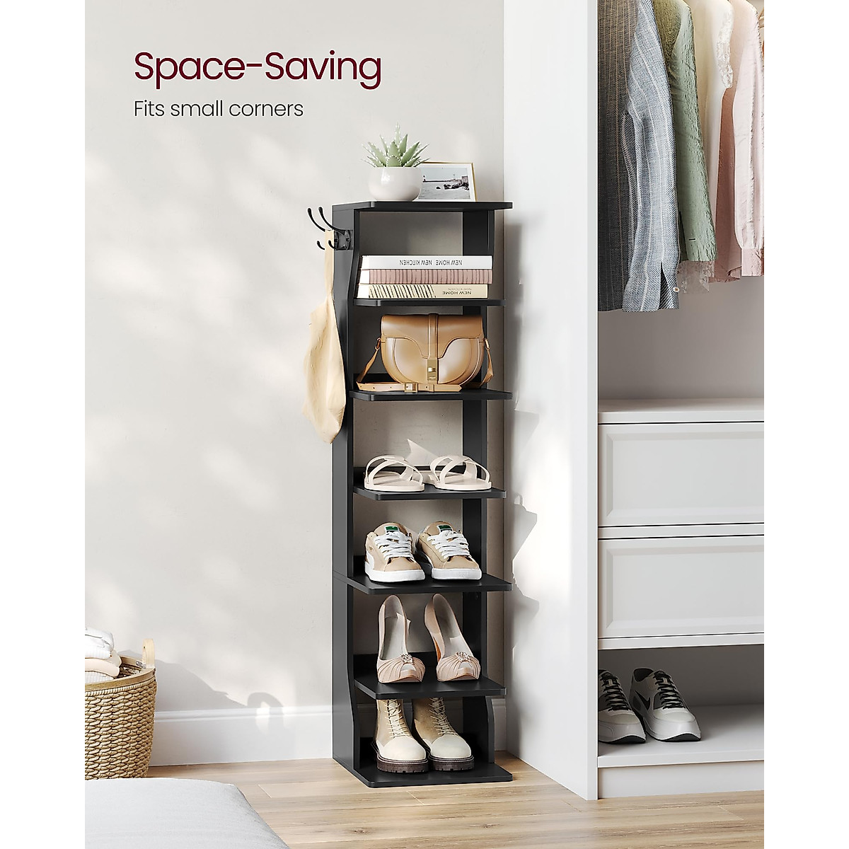 VASAGLE 7 Tier Vertical Shoe Rack, Narrow Shoe Storage Organizer with Hooks, Slim Wooden Corner Shoe Tower Rack, Robust and Durable, Space Saving for Entryway and Bedroom, Black ULBS200T16