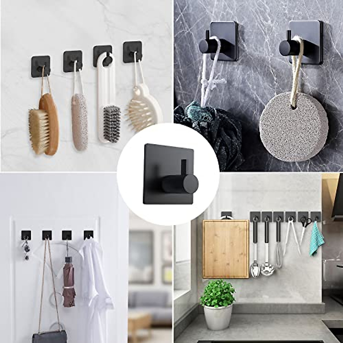 JIQGOZBAN Upgraded Adhesive Hooks Heavy Duty 6 Packs, Thickened Wall Hooks Stainless Steel SUS304 Towel Hooks, Heavy Duty Hooks Bathrooms Wall Mount for Hanging Coat, Hat, Towel, Robe (Black)