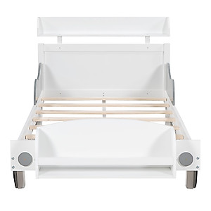Twin Size Car-Shaped Platform Bed Frame for Boys Girls Kids Adults Toddler,Twin Bed with Storage Shelf for Bedroom,White