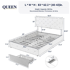 Allewie Upholstered Queen Size Platform Bed Frame with 4 Storage Drawers and Headboard, Diamond Stitched Button Tufted Mattress Foundation with Wooden Slats Support, No Box Spring Needed, Dark Grey