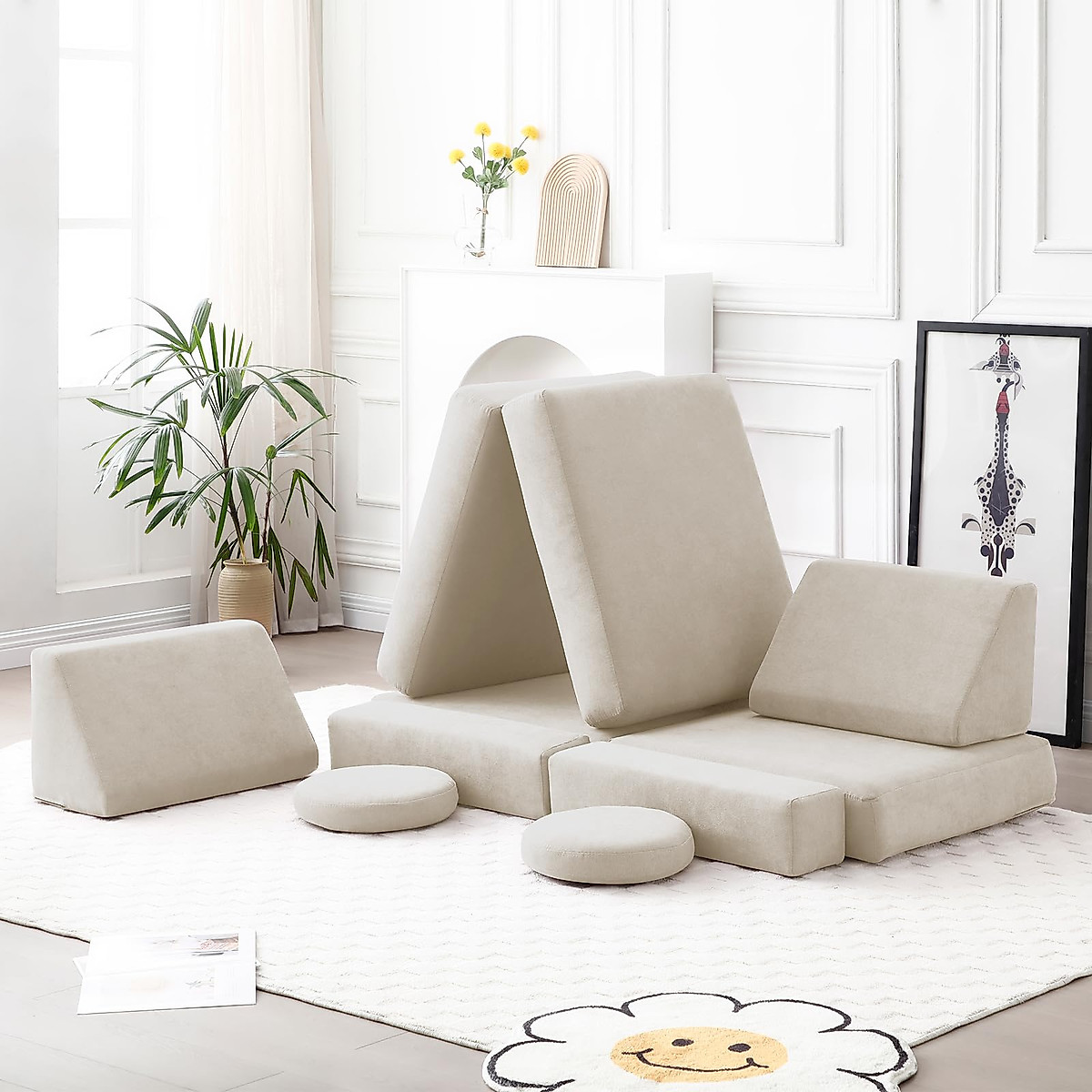 hooxnome Kids Couchs Modular Folding Floor Sofa for Kids 8pcs, Toddler Playroom Convertible Couch Play Sofa for Boys & Girls, Kids Imaginative Creative Climbing Play Couch (Beige)