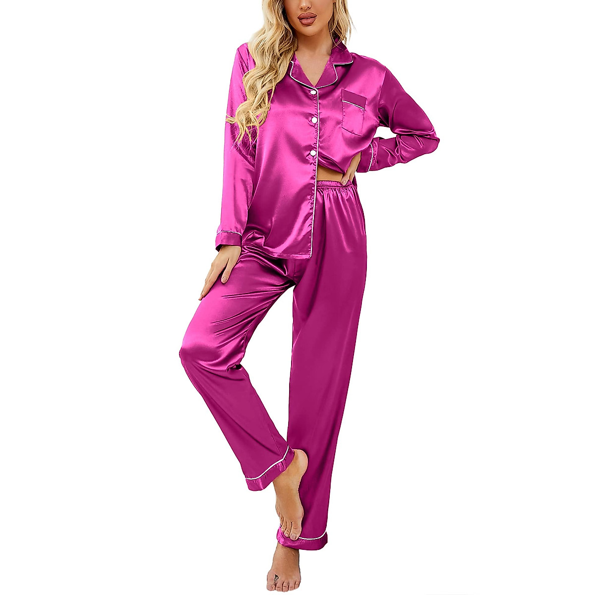 Ekouaer Women's Classic Button Down Long Satin Silk Pajama Set,Medium,Rose