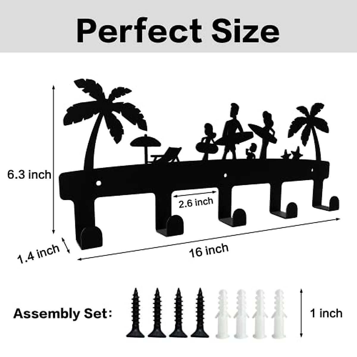 Family Beach Towel Rack for Bathroom Wall Mount Towel Holder Black Metal Towel Racks Rustproof and Waterproof Robes Coat Holder Bedroom Hanger Living Room Wall-Mounted-5 Hooks 16 Inch