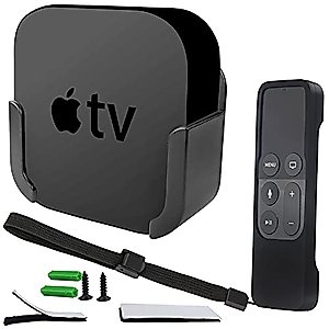 Wall Mount Bracket Holder with Remote Cover Compatible for Apple TV4 4K - Pinowu TV Mount and Siri Remote Protective Case Suitable for Apple TV 4/4K[4th Gen] (Black)