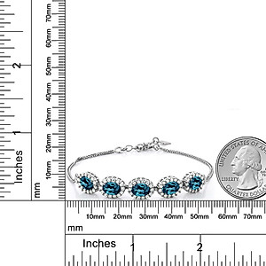 Gem Stone King 925 Sterling Silver London Blue Topaz Tennis Bracelet For Women (5.54 Cttw, Gemstone Birthstone, Oval 7X5MM, 7 Inch + 1.5 Inch Extender)