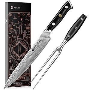 ASETY Carving Knife Set, Damascus Carving Knife and Fork Set, 2 PCS Carving Set for Turkey, Meat, BBQ, Brisket, Full Tang Slicing Knife with Elegant Box, G10 Handle