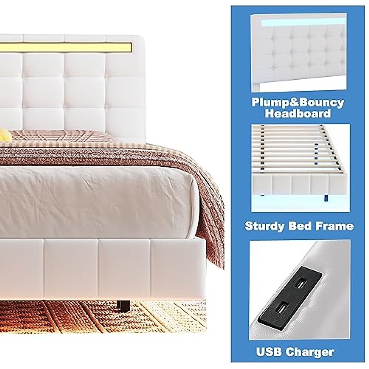 Goujxcy Queen Size Floating Bed Frame with LED Lights and USB Charging, Modern Upholstered Platform LED Bed Frame with Button Tufted Headboard (White 1+PU)