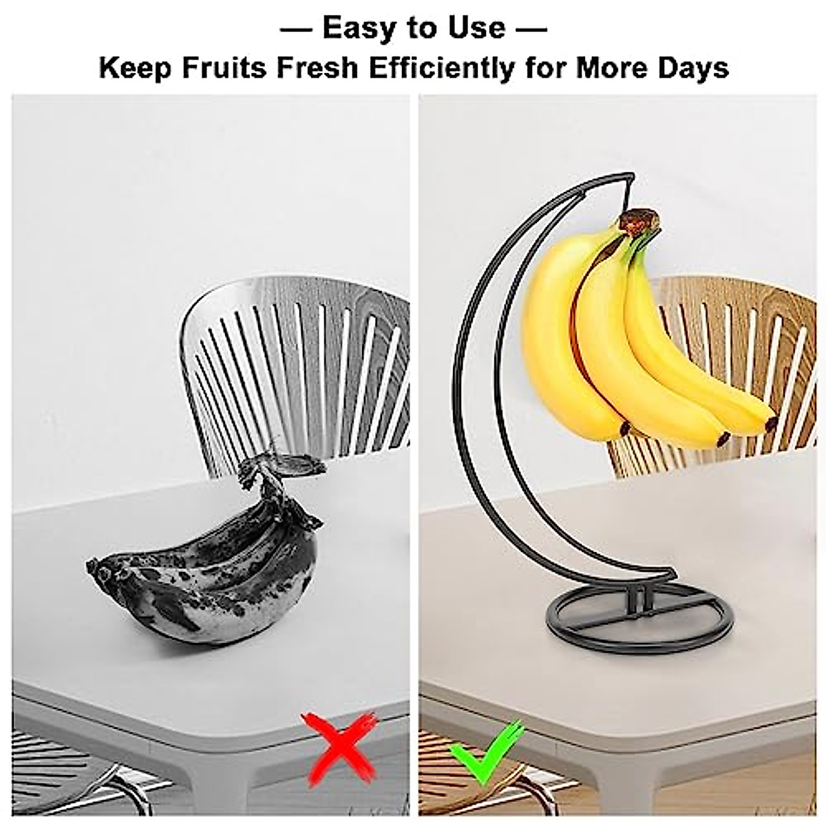 Winmien Banana Holder Stand, Stable Metal Freestanding Banana Hanger with Hook, Moon Shape Modern Banana Storage Design, Keep Fruits Fresh, Banana Keeper for Kitchen Countertop (Black)