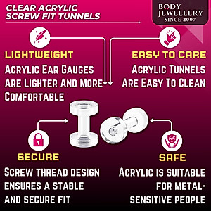 bodyjewellery 8G 8 gauge 3mm - Clear Acrylic screw fit Flesh Tunnels Ear Plugs ADAE - Ear Stretching Expanders Stretchers - Sold as a Pair