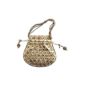 CRAFTFOBIA Women potli Bag Purse Rajasthani Clutch Wallet Ethnic | Zari work Style Pure Cotton with Gota Patti Designer Potli (Golden)