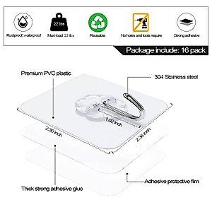 Adhesive Hooks for Hanging, Stainless Steel 16 Pack Sticky Wall Hooks 22lb(Max) Removable, Heavy Duty Self Adhesive Hooks Waterproof Oilproof for Bathroom Shower Kitchen Outdoor Towel Keys, Clear