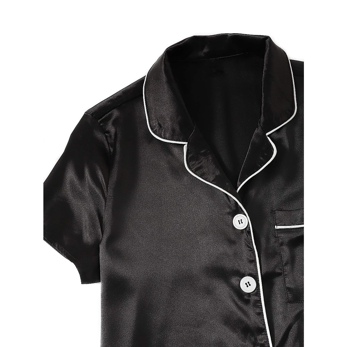 WDIRARA Women's Pajama Sets Satin Short Sleeve Down Shirts and Shorts Sleepwear PJ Set Dull Black Medium