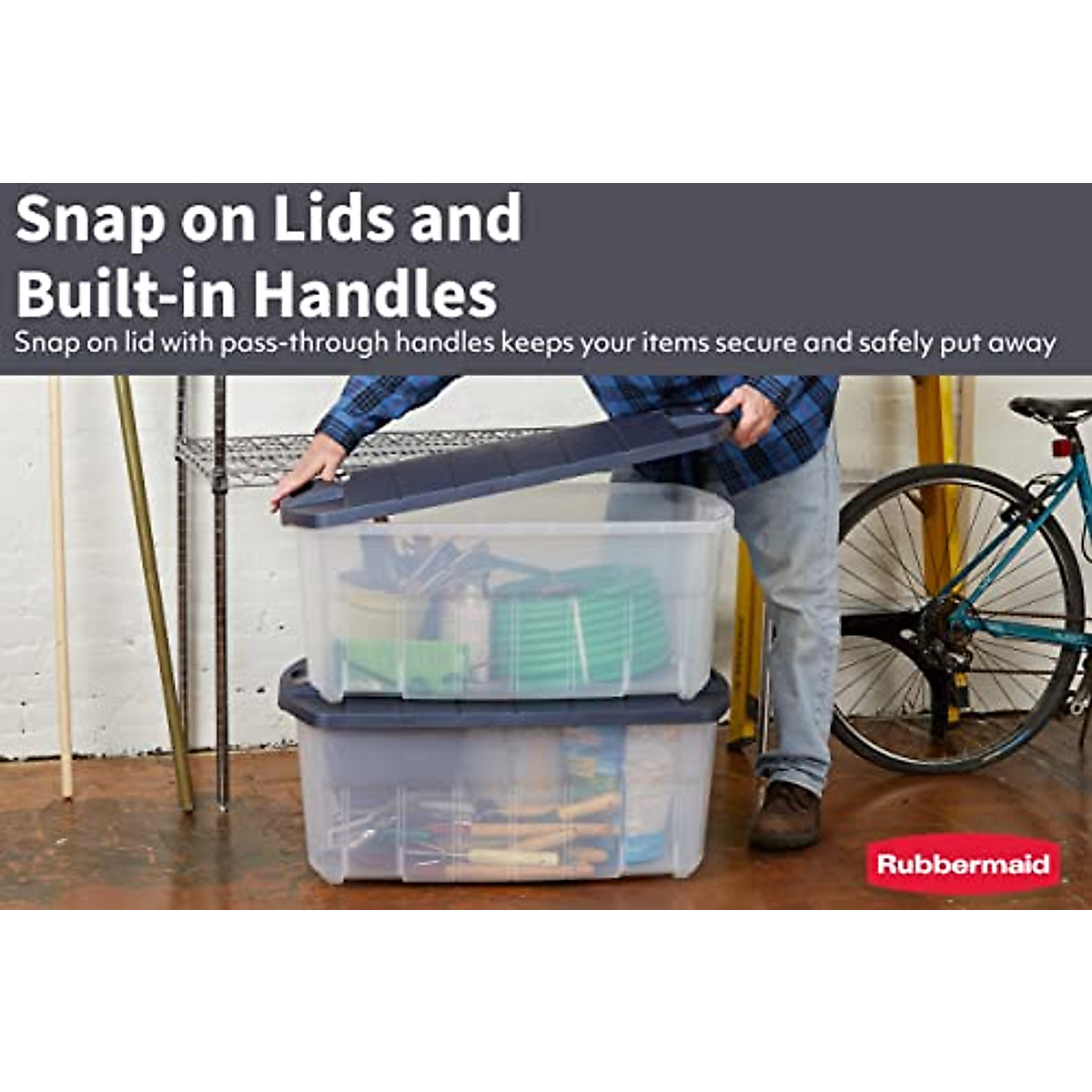 Rubbermaid 28 Gallon Jumbo Clear Tote, Stackable, Large Capacity, Home, Garage, and Office Storage Organizers, Durable Snap-Tight Lids, Clear Bins/Dark Indigo Metallic Lids, Pack of 2