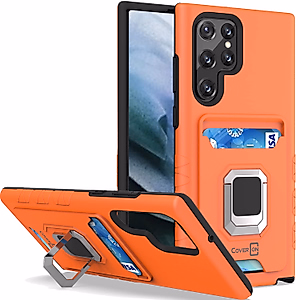 CoverON Designed for Samsung Galaxy S22 Ultra Case, Card Slot KickStand Ring Rugged Phone Cover - Orange