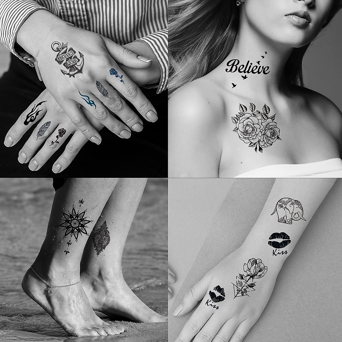 72 Sheets Temporary Tattoos for Women and Girls, Flower / Butterfly Temporary Tattoo, Fake Black Tiny Body Art Sticker