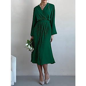 PRETTYGARDEN Women's Spring Midi Dress Long Puff Sleeve Wrap V Neck Flowy Ruffle Pleated Casual Fall Dresses (Dark Green,Medium)