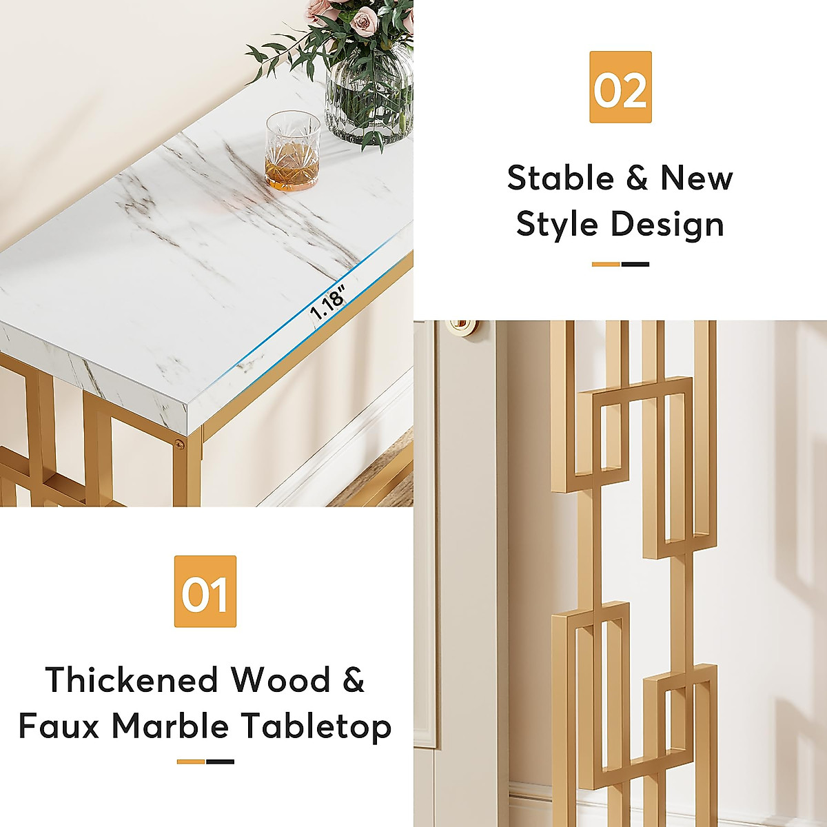 Tribesigns Gold Console Table, Modern 42.5" Sofa Tables Entryway Hallway Foyer Table, White Faux Marble Tabletop Sofa Table Behind Couch with Gold Metal Legs for Living Room, Easy Assembly