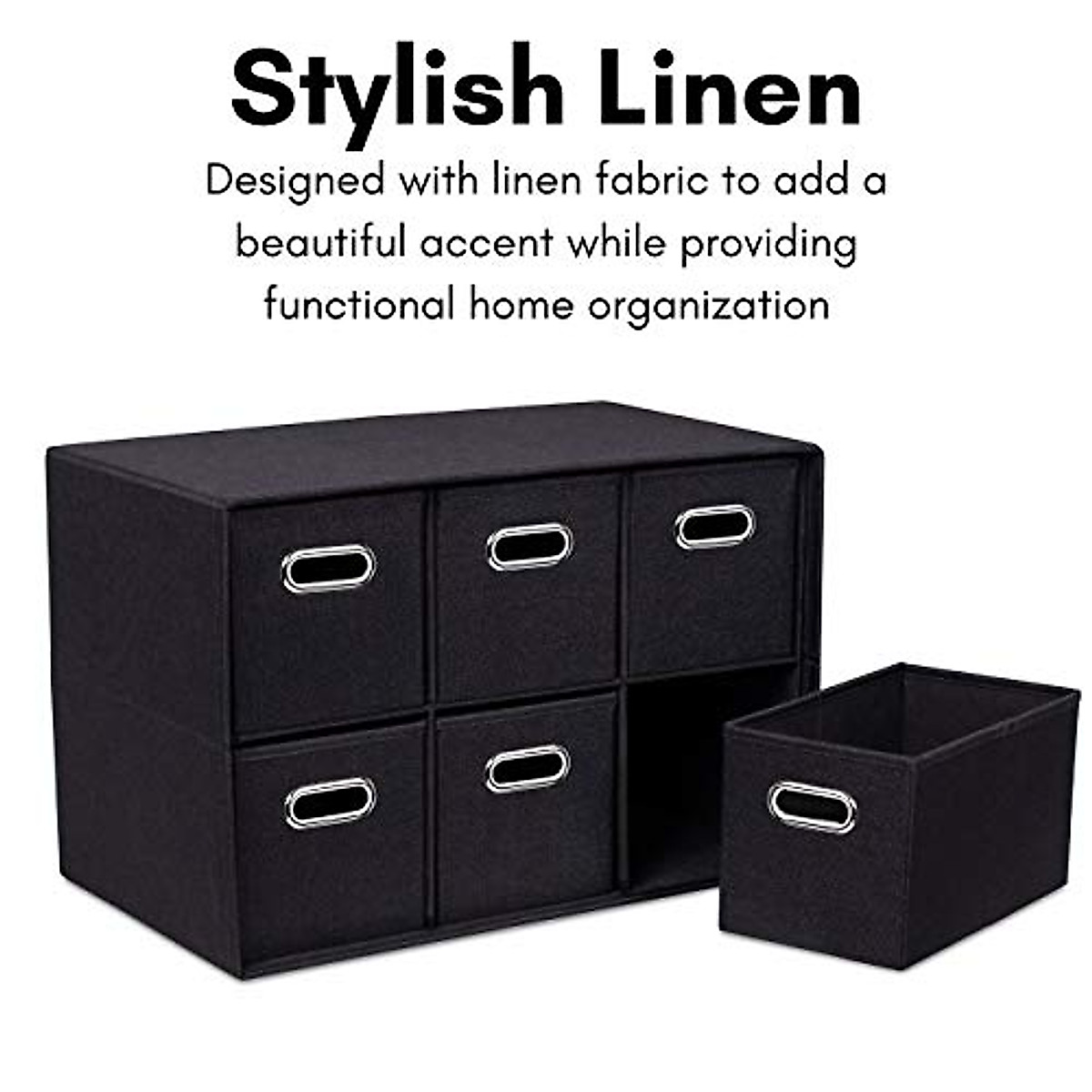 BIRDROCK HOME Black Linen Cube Organizer Shelf with 6 Storage Bins – Strong Durable Foldable Shelf – Kid Toy Clothes Towels Cubby – Collapsible Bedroom Fabric Shelves and Cubes