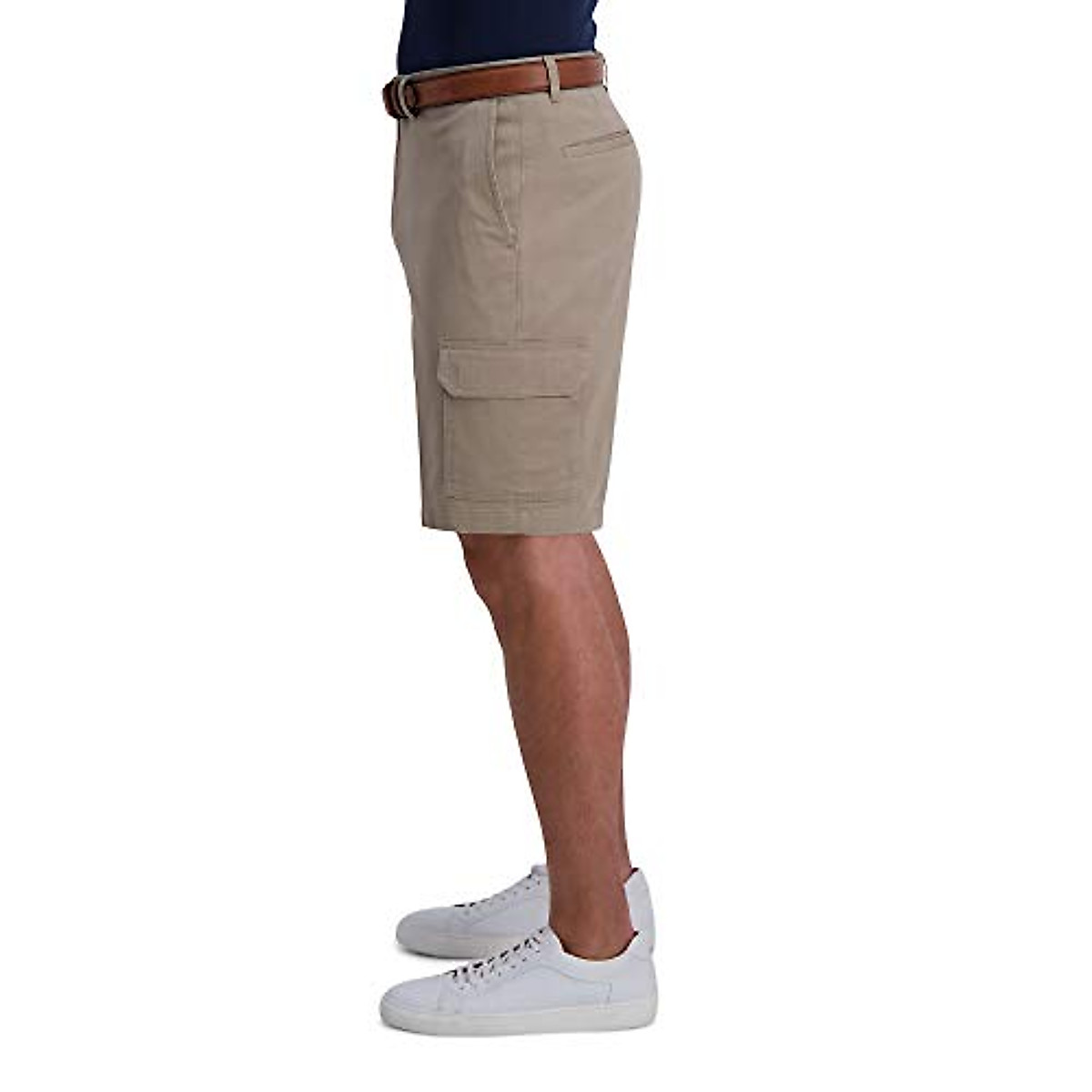 Haggar Men's Flat Front Solid Stretch Cargo Short, Khaki, 36