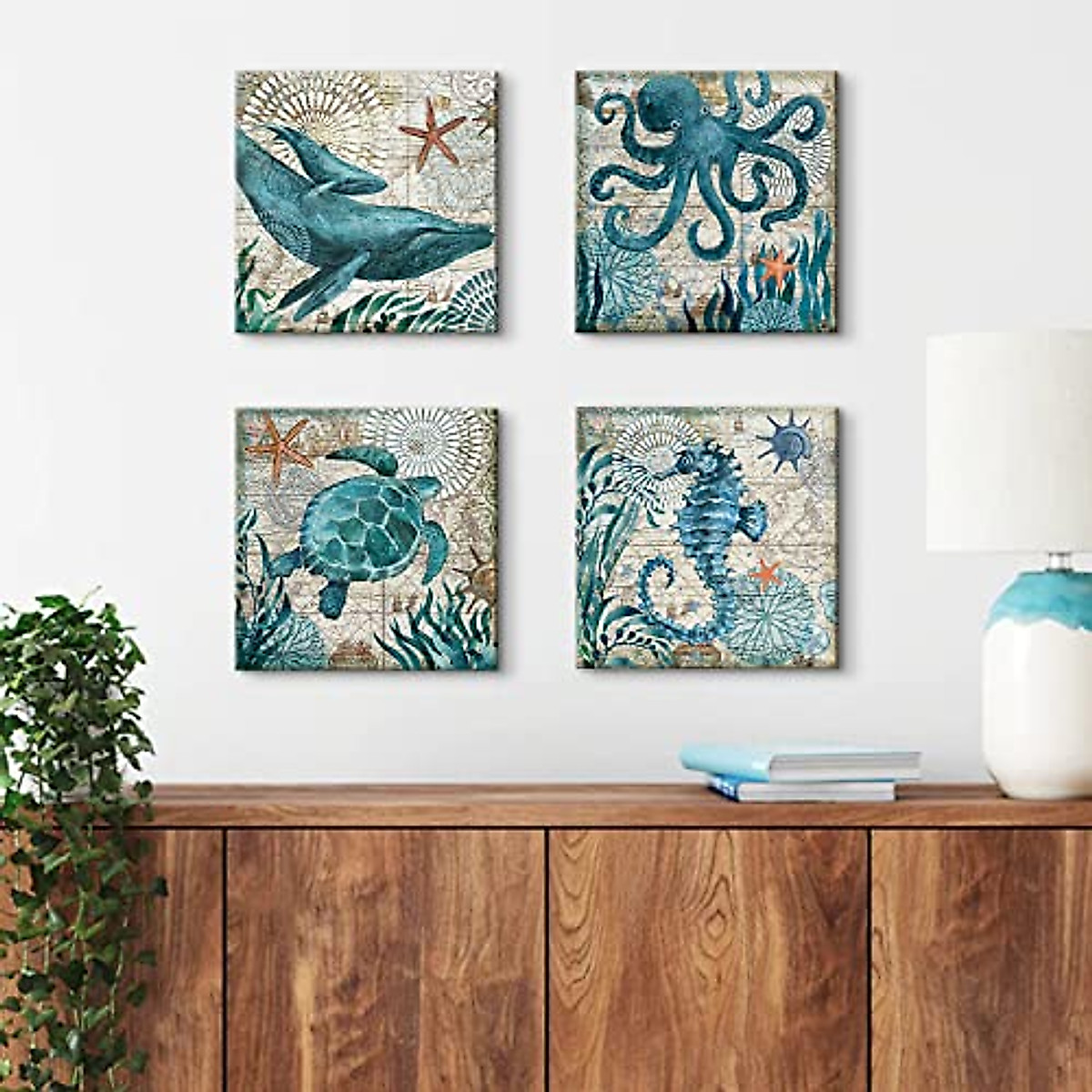 Beach Bathroom Decor Wall Art Ocean Decor Nautical Sea Turtle Wall Art Bathroom Pictures Coastal Octopus Canvas Painting Teal Bathroom Accessories Bedroom Kitchen Art Home Decorations 12x12" 4 Pcs/Set