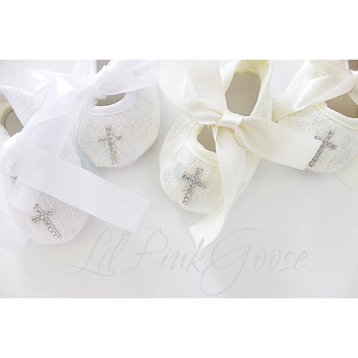 LilPinkGoose 0-18M Ivory & White Baby Girls Newborn Lace Baptism Shoes Toddler Wedding Dress Shoes (White Shoes with Cross, us_Footwear_Size_System, Infant, Women, Age, Medium, 0_Months)