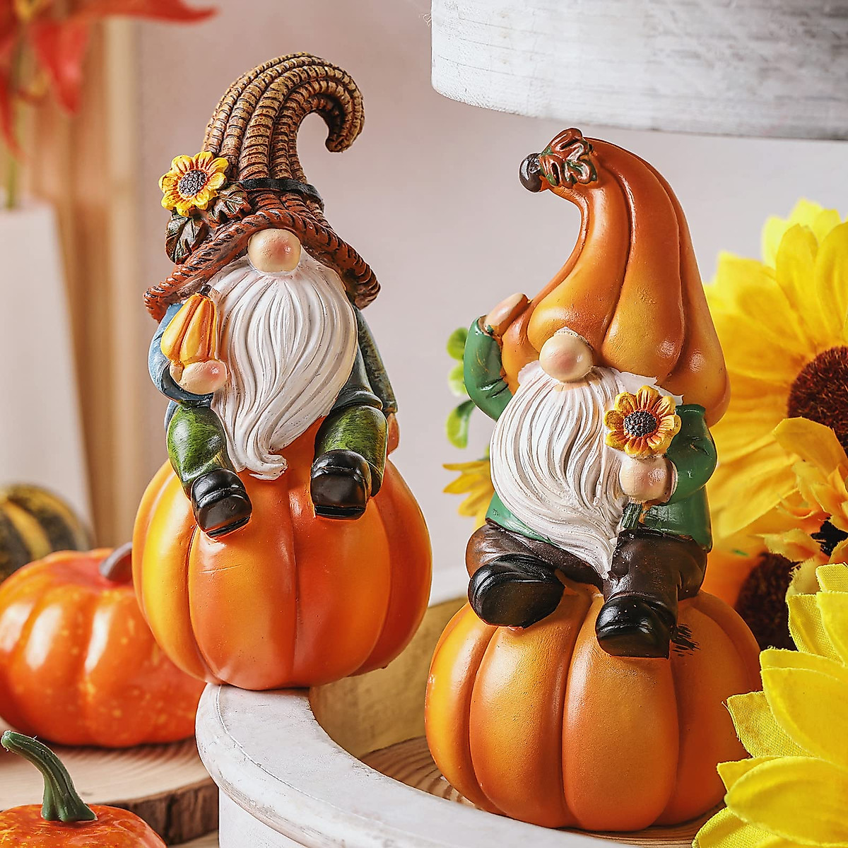 Jetec 2 Pcs Thanksgiving Pumpkin Gnome Figurines Fall Gnome Statue Resin Pumpkin Gnome Fall Tabletop Decoration for Fall Harvest Thanksgiving Indoor Outdoor Home Garden Yard Lawn Decor, 6.7 Inch