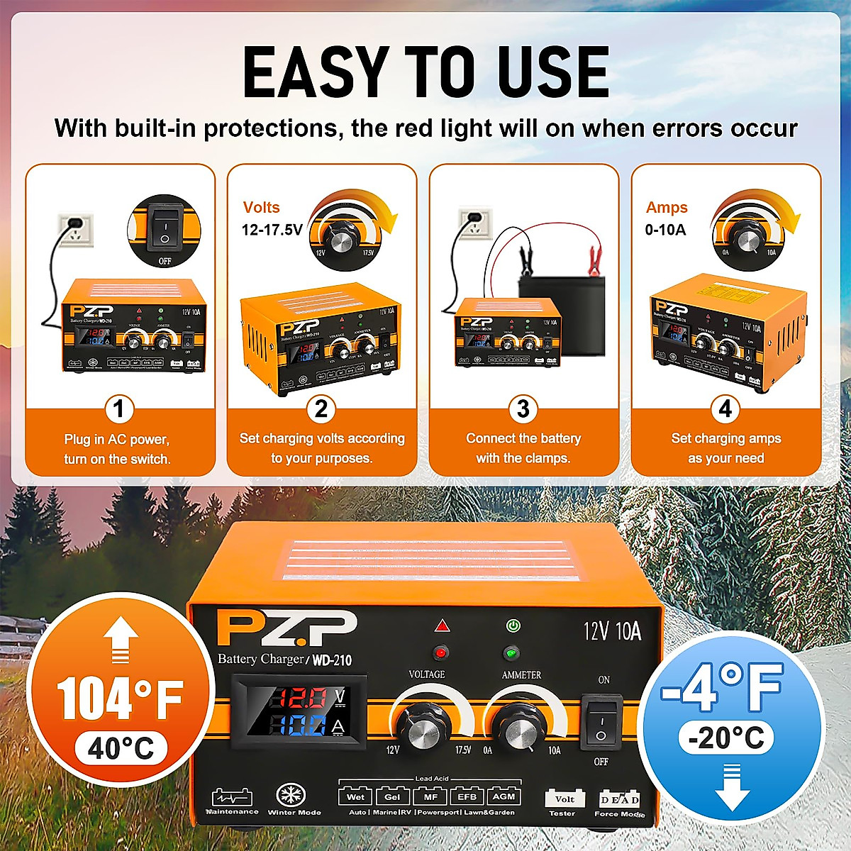 PZP 12V Manual Battery Charger Maintainer, 0 to 10A Arbitrarily Adjustable Car Battery Trickle Charger, Battery Desulfator with Repair, Winter Mode, Suitable for Lawn Mower, AGM, Deep Cycle Batteries