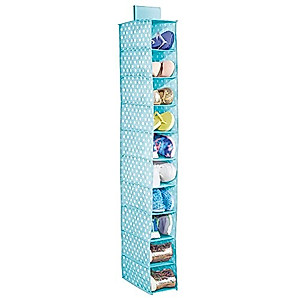 mDesign Soft Fabric Over Closet Rod Hanging Storage Organizer with 10 Shelves for Child/Kids Room or Nursery - Polka Dot Print - 2 Pack - Turquoise Blue with White Dots