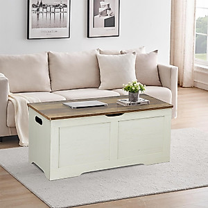 Timberer 39.4" Storage Chest, Wooden Storage Bench, Large Storage Trunk with 2 Safety Hinges, Entryway Shoes Bench for Living Room, Bedroom, Antique White