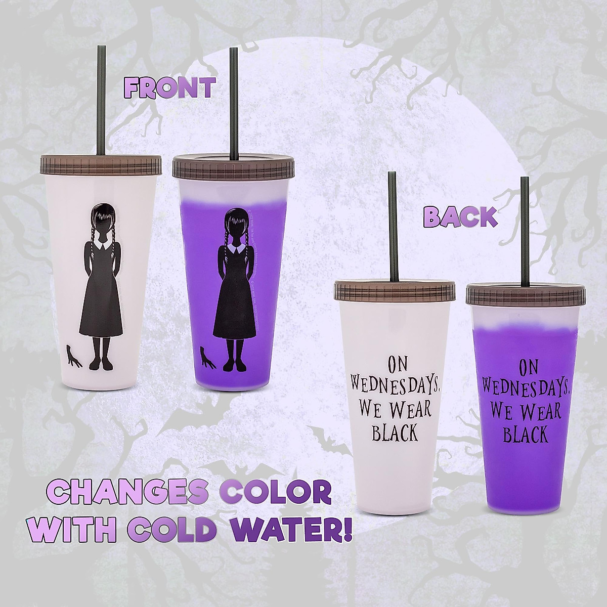 Wednesday "We Wear Black" Color-Changing Plastic Travel Tumbler | Includes Reusable Straw, Leak-Resistant Lid | Holds 24 Ounces