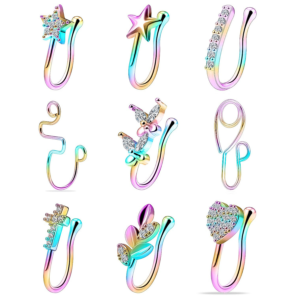 Vsnnsns Fake Nose Ring Stud Stainless Steel 20G Faux Septum Nose Piercing Jewelry Clip On Nose Ring Cuffs Non Piercing Nose Hoop Ring for Women Men 9pcs Rainbow