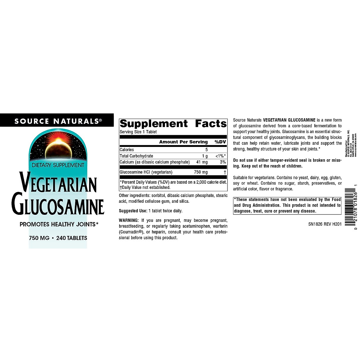 Source Naturals Vegetarian Glucosamine, Promotes Healthy Joints* 750 mg Tablet - 240 Count