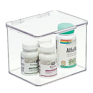 mDesign Plastic Bathroom Storage Organizer Box with Hinge Lid for Closet, Shelf, Cupboard, or Vanity, Hold Medicine, Soap, Lotion, Cotton Swabs, Masks, Styling Tools, Lumiere Collection, 4 Pack, Clear