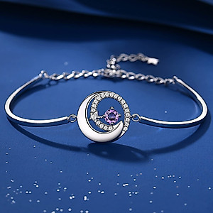 FANCIME February Birthstone Bracelets for Women 925 Sterling Silver Moon and Star Bangle Charm Amethyst Bracelet Purple Gemstone Jewelry Birthday Christmas Gifts for Mom Her