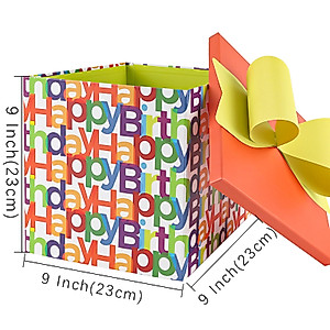 BIOBROWN Medium Birthday Gift Boxes with Lids for Presents, 9x9x9 Inches Text Happy Birthday Design Collapsible Gift Box for Birthday, Baby Shower, Party