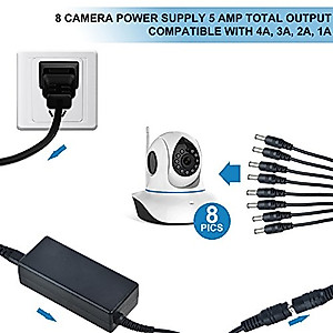 ABLEGRID Charger Compatible with Swann Lorex Q-See Security Camera 12V 5A 60W 2-Prong Plug AC to DC 2.5x5.5mm w/8-Way Power Splitter Cable Power Supply for CCTV Security Camera DVR, LED Strip Lights