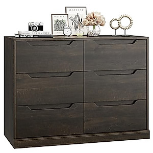 HOSTACK Modern 6 Drawer Dresser for Bedroom, Double Chest of Drawers with Storage, Large Wooden Storage Dresser Organizer with Cut-Out Handle, Accent Storage Cabinet for Living Room, Dark Brown