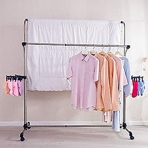 Hershii Clothes Garment Rack on Wheels Heavy Duty Double Rail Adjustable Extendable Rods Rolling Laundry Drying Rack Hanging Pole with 24 Clips