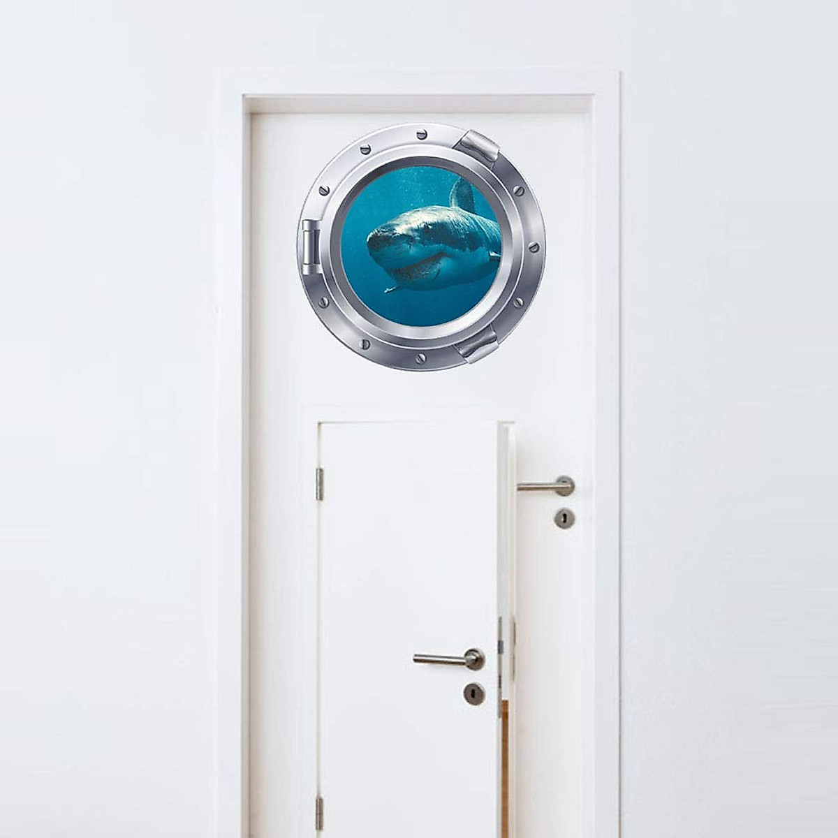 DNVEN Shark Porthole Wall Decals Under The Sea Jaws Window View Faux Submarine Removable Murals Stickers for Bedrooms Kids Boys Room Decor Nursery 18 inches x 18 inches