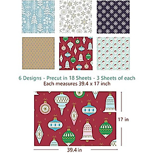 UNIQOOO 6 Festive Designs Christmas Wrapping Paper Precut Sheets, Each 39.4 x17 Inch- Blue Silver Brown Kraft Metallic Foil Gift Wrap, Santa Claus, Christmas Ornaments, Snowflake, Tree, Family Bundle for Kids, Her & Him, 18 Sheets