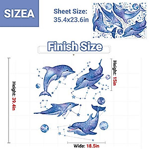 Ocean World Wall Stickers, 3D Blue Dolphin 3D Shark Broken Wall Stickers Tropical Fish DIY Wall Decals Art Decor for Kids Boys Bedroom Playroom (Dark Blue)