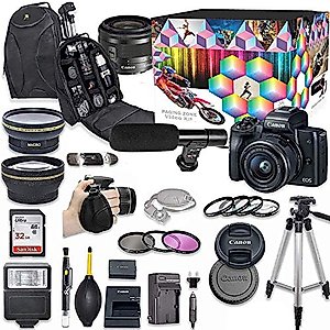 Canon EOS M50 Mirrorless Digital Camera with 15-45mm Lens Kit (Black) + Wide Angle Lens + 2X Telephoto Lens + Flash + SanDisk 32GB SD Memory Card + Video Accessory Bundle