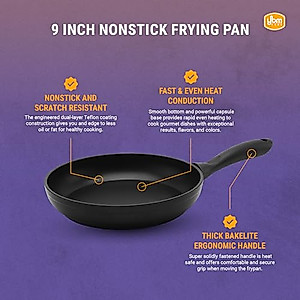 YBM HOME Non-Stick Aluminum Induction Compatible Frying Pan with Handle for Omelets, Simmering, Sautéing, and Braising, Black - 9.5 Inch